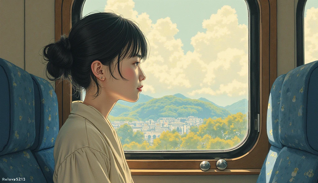 Araffe woman sitting on a train looking out the window, a picture ...