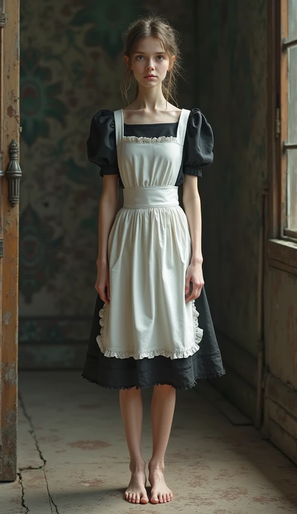Barefoot maid, (photorealism), black dress and white apron, realistic ...
