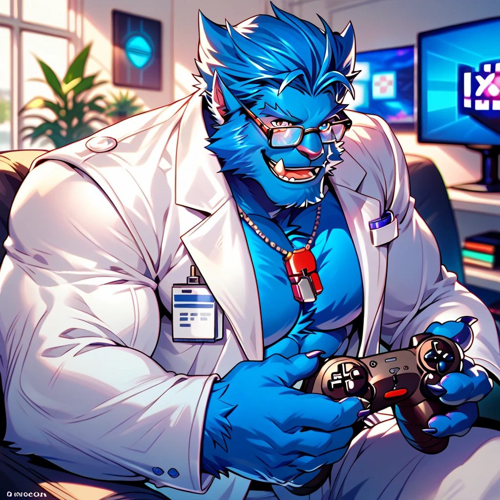 Beast with xbox controller in hands plays video games on the couch in ...