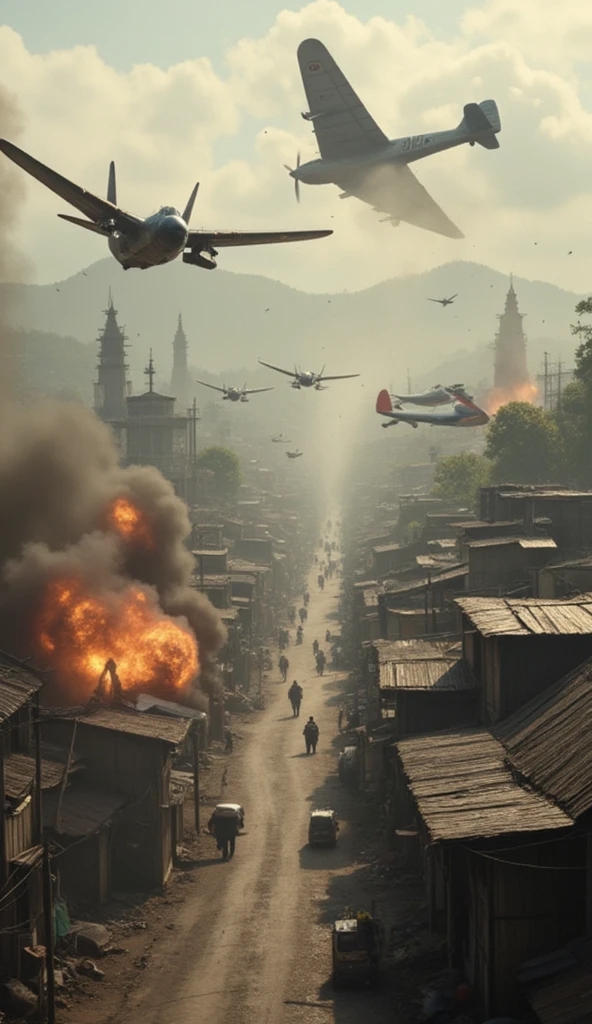 Photography, realistic, Many fighter planes fly over a typical ...