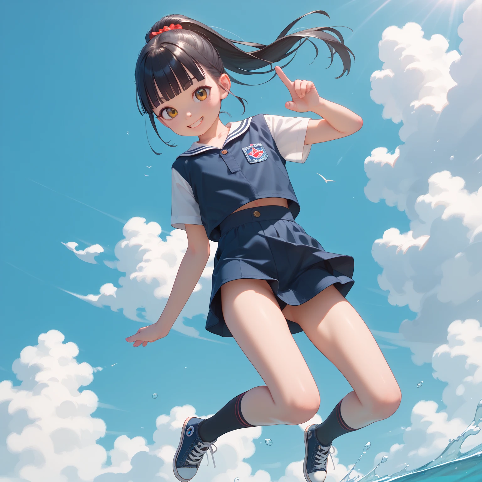 Loli, flat chest, black hair, ponytail, blunt bangs, brown eyes - SeaArt AI