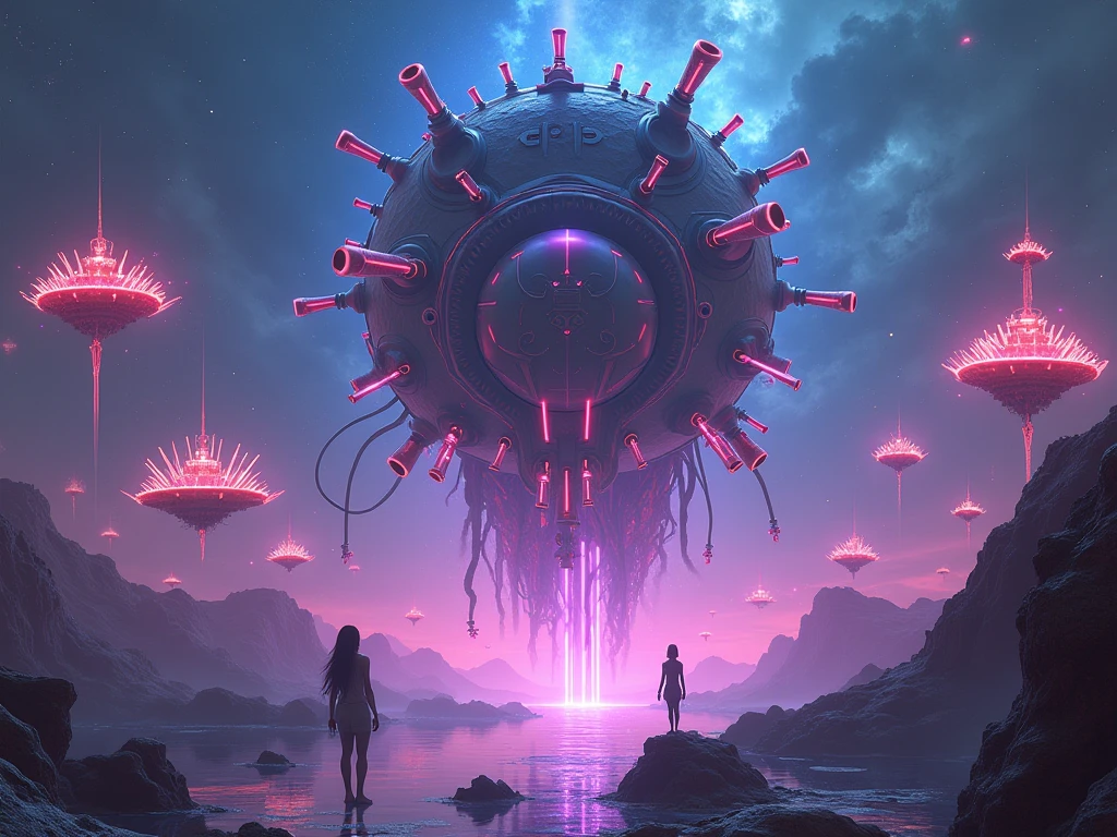 Create me an image with floating neon islands with a floating cyber ...