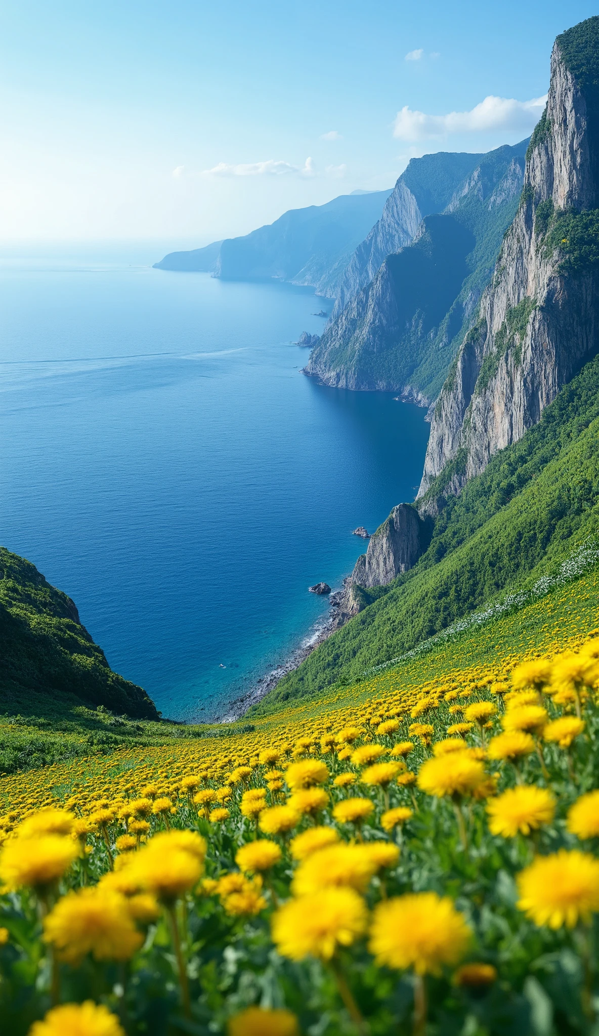 Yellow flowers are in the foreground of a mountain overlooking the ...