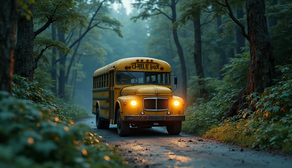 In cinematic 3d realistic style " a old model yellow colour bus is ...