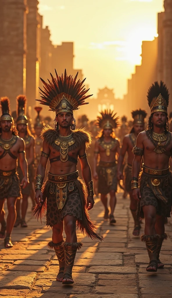 : A grand procession of Aztec warriors marching through an ancient stone temple - SeaArt AI