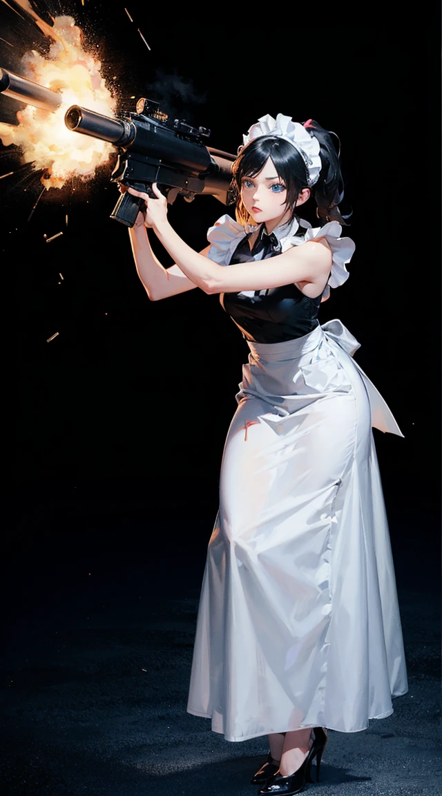 , maid, long dress, black dress, maid headdress, maid apron, ponytail ...