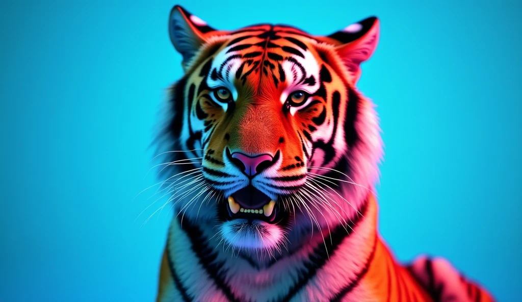 Captured from a low point, , stripes in front of a bright blue tiger ...