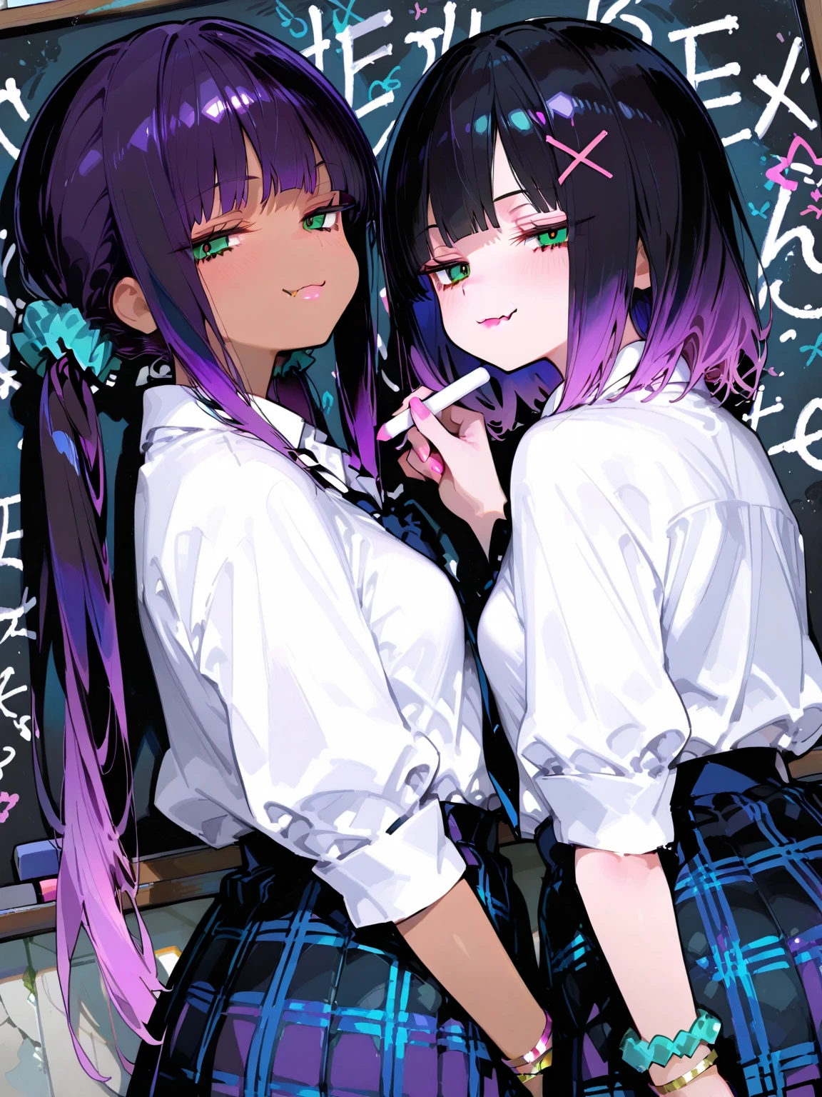 2girls,後ろから,立っている,チョークを持っている, smug ,学校,,Doodles on the Blackboard ...