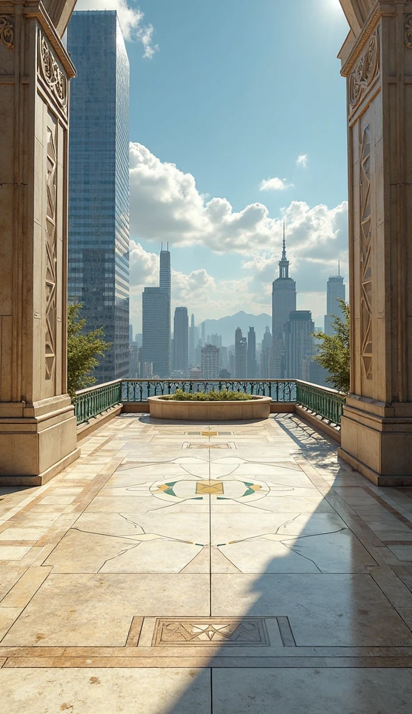 A grand Art Deco-style rooftop terrace atop a towering skyscraper in an ...