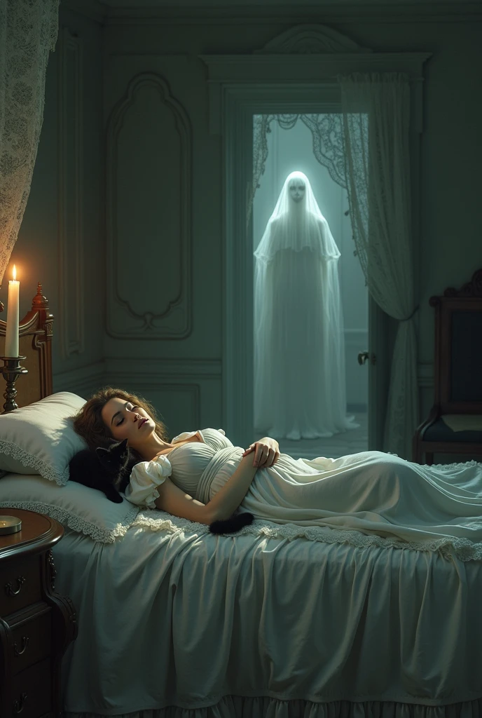A woman lying in bed with a black kitten and a male ghost looking at ...