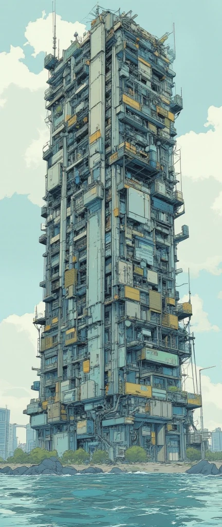 Cyberpunk,The skyscraper partially sinks into the water, and only the ...