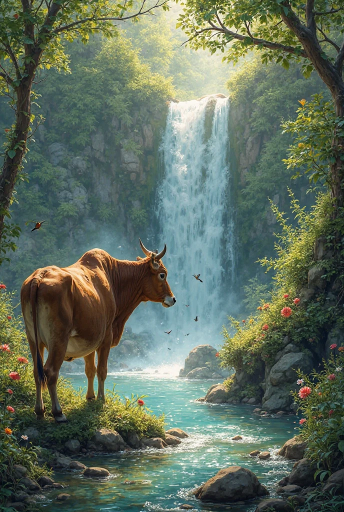 "An Indian cow stands near a gently flowing waterfall in a dense green ...