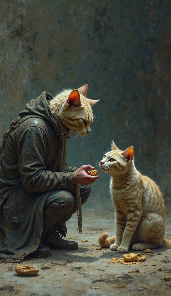 "The stranger kneels, offering a small piece of food. The humanoid cat ...