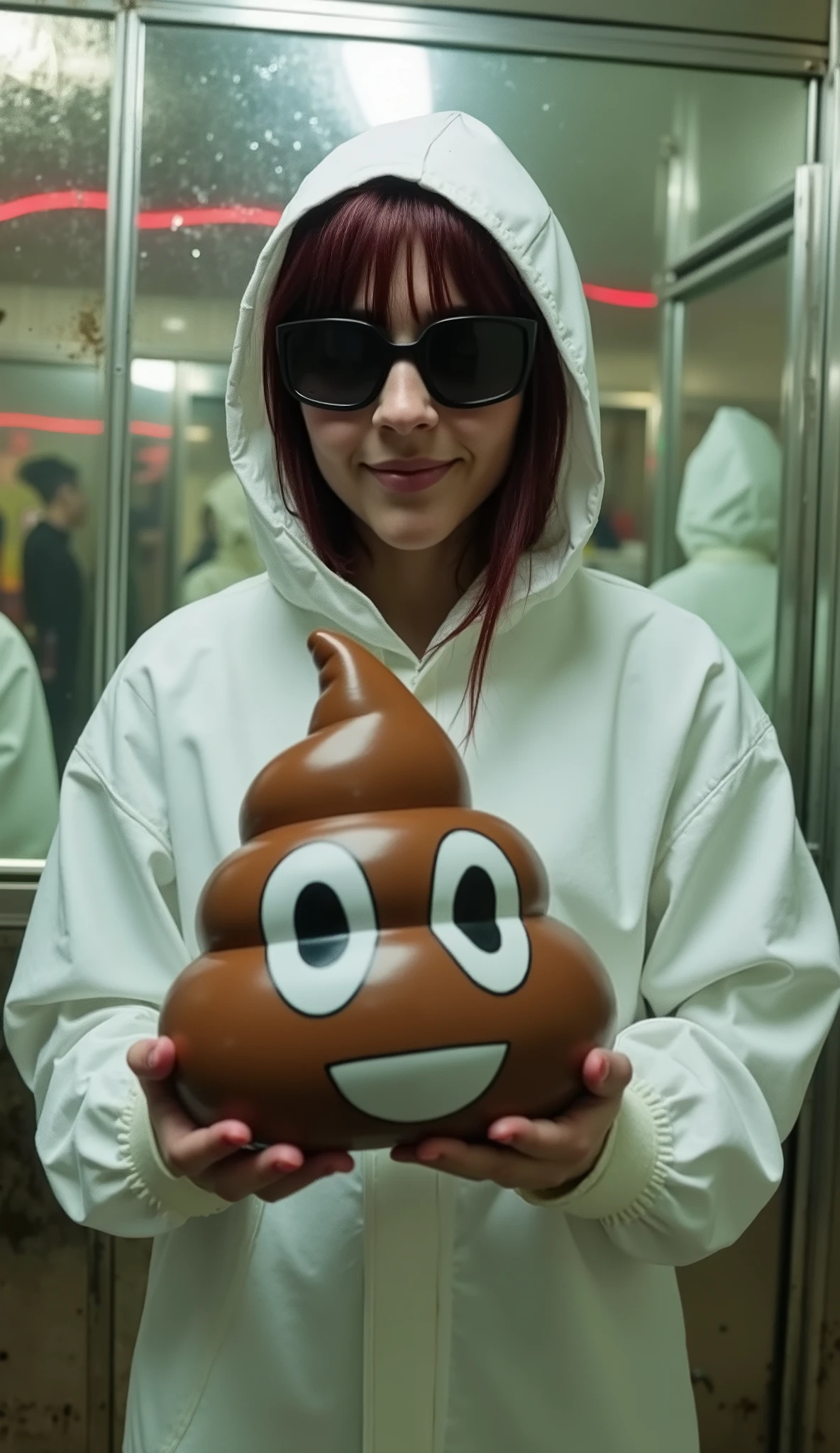 Woman in white jacket holding a poop shaped like a face - SeaArt AI