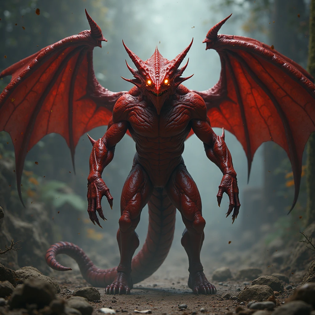 Red-skinned humanoid creature, - Upright posture, Standing point ...