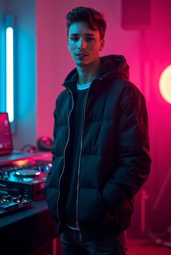 Create a professional and realistic DJ press kit from this image ...