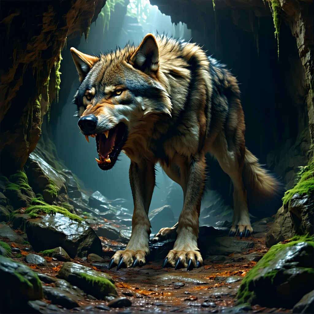 A cavern wolf, on a cave, very large broad paws, dnd style, fantasy ...