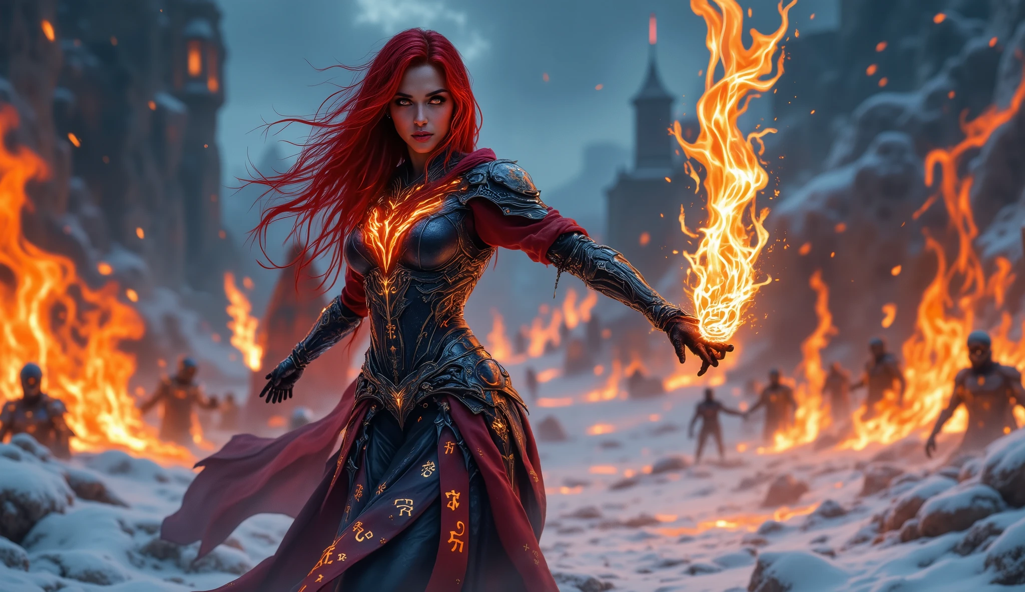 A close up of a woman with red hair and a sword in a snowy area - SeaArt AI