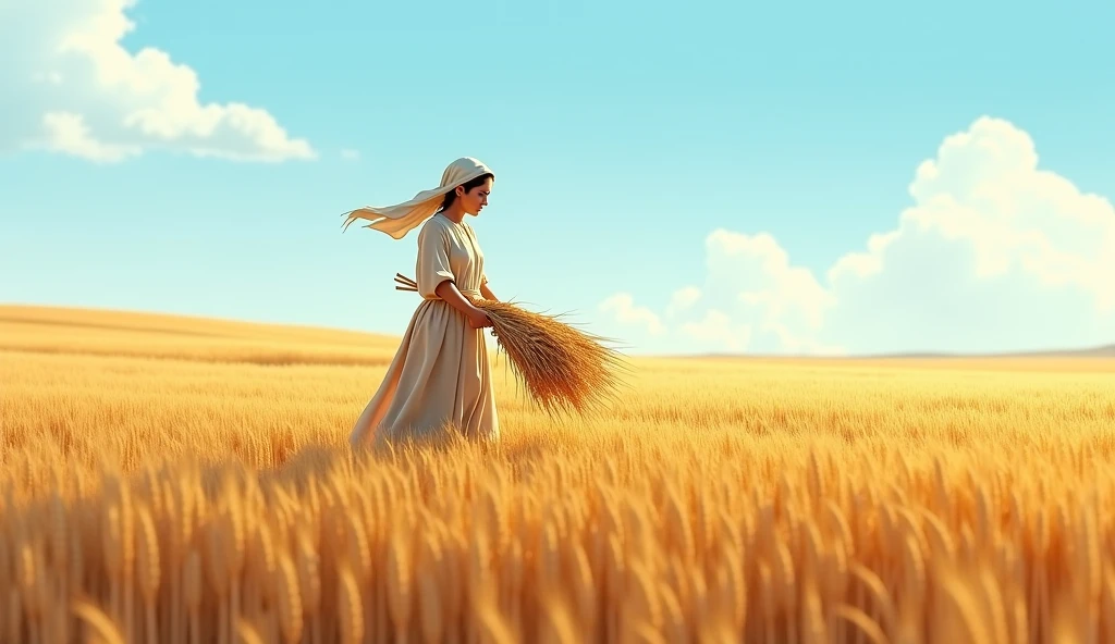 Woman in the field harvesting leftover wheat ears. In a field already ...