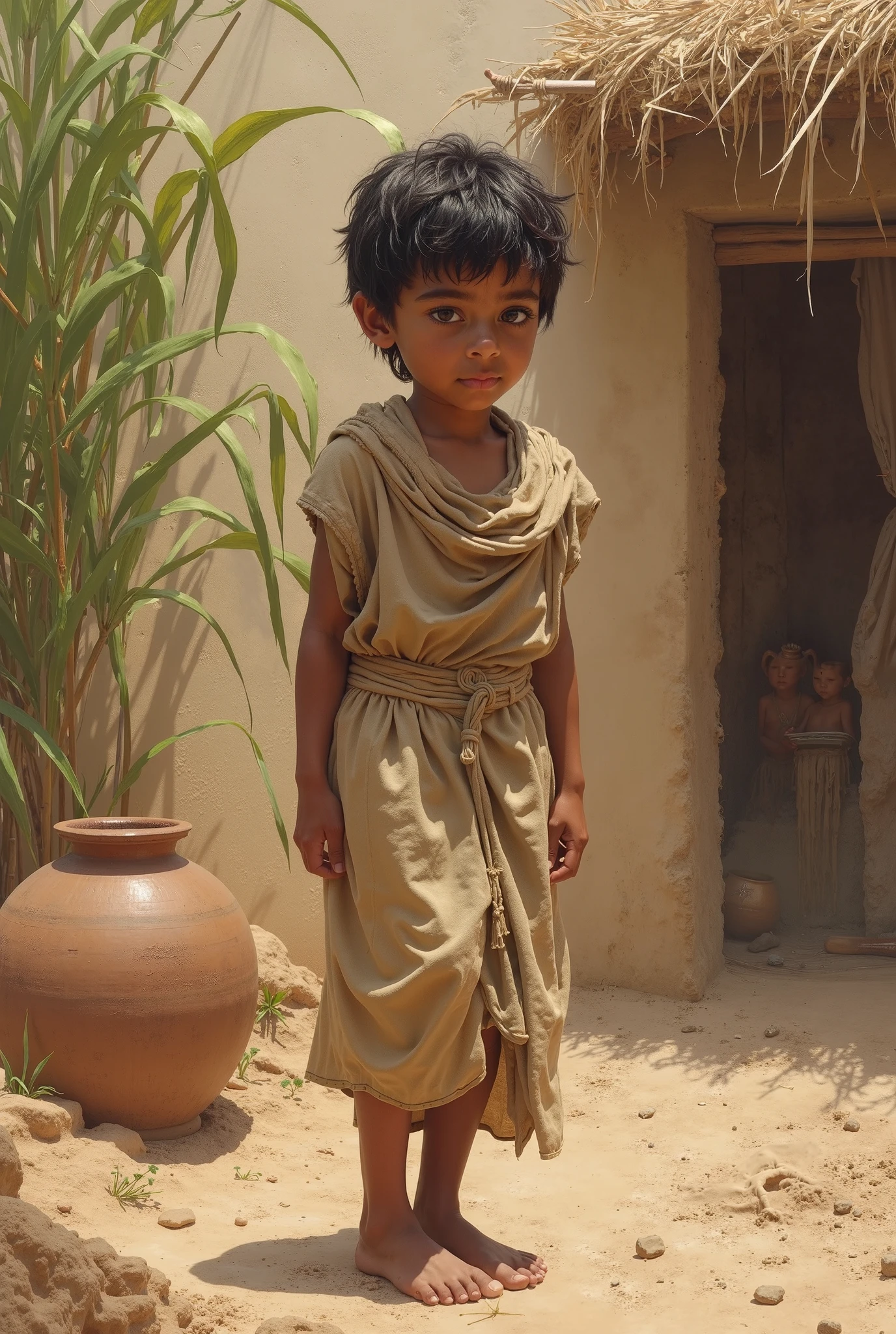 Arafed child standing in front of a mud hut with a pot - SeaArt AI