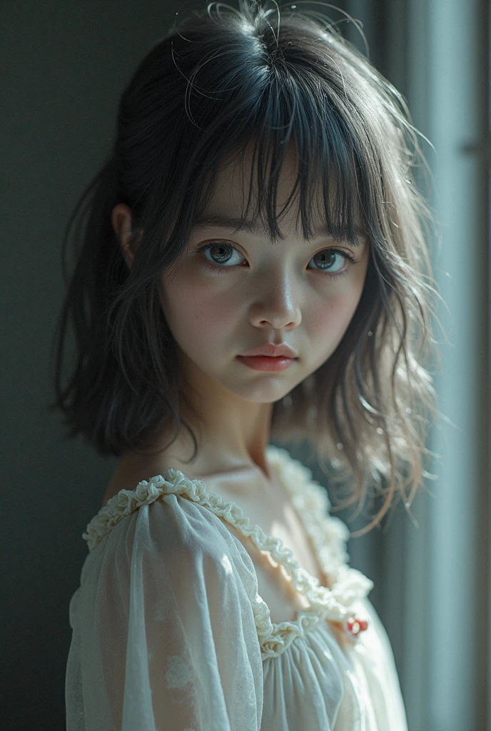White and shoulder length, straight hair. white skin. slanted eyes ...