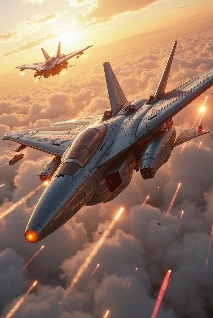 A high-speed aerial mecha soaring through the sky with afterburners ...