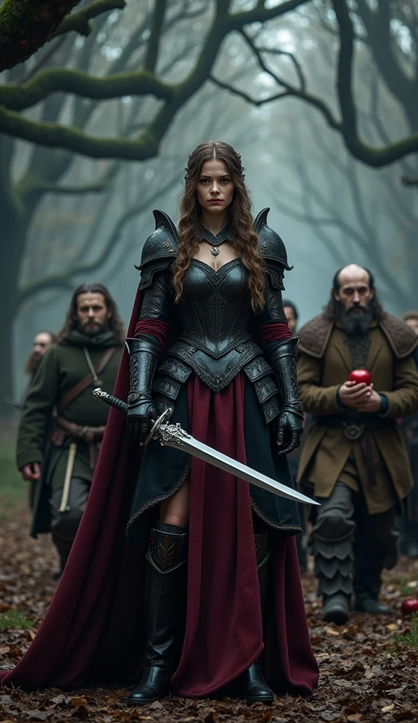Create a dark, atmospheric scene set in a dense, misty forest during ...