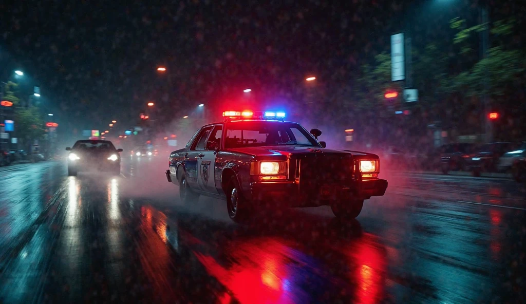 “A dramatic nighttime police chase scene with flashing red and blue ...