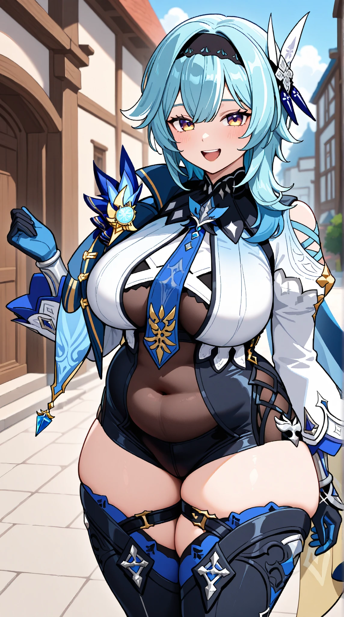 (原神インパクト), 1girl, ソロ, 視聴者を見る, 長袖, 髪飾り, ズボンの下のお尻,太ももが太い, ニーハイ, 大きな胸, 青い髪, カウボーイショット,黄色い目, ネクタイ ...