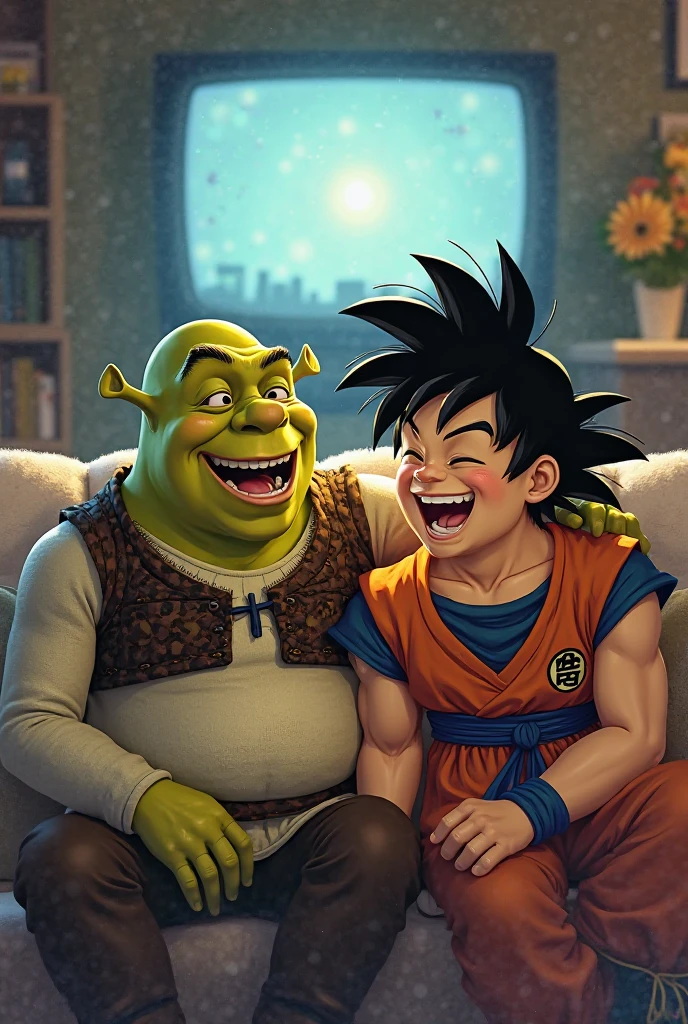 Shrek watching TV with Goku , The two of them are laughing and are ...