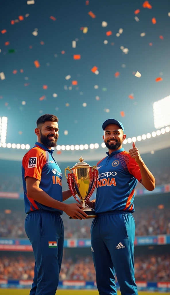 Prompt for Rohit and Virat with the Trophy “A cinematic 3D-rendered ...