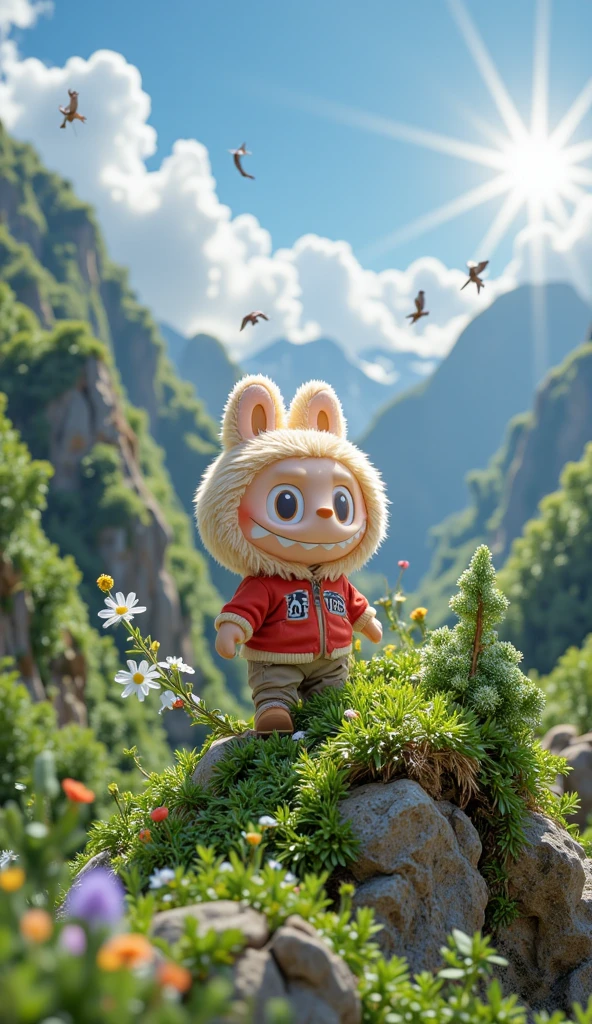A cheerful cartoon character, Labubu, climbing a lush green mountain ...