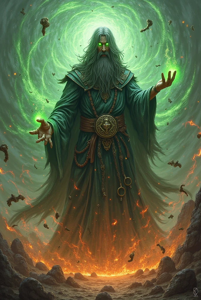 Create a hairy wizard with a green aura in his eyes throwing Tibia and ...