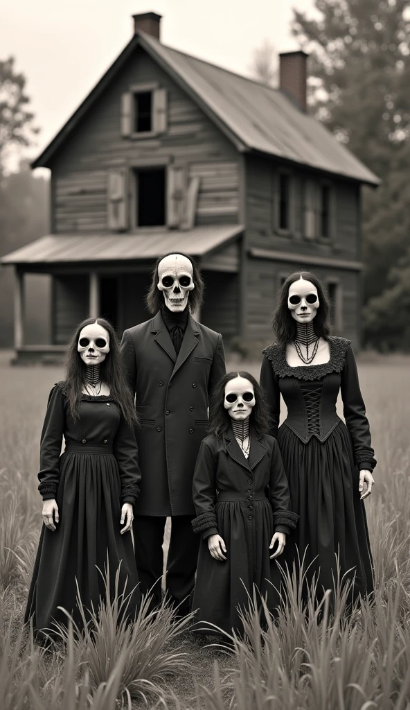 Create a haunting black and white image depicting a family of five ...