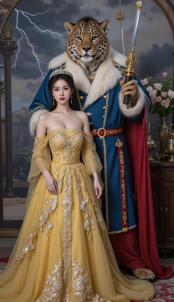 The image depicts two characters in a magnificent setting, sumptuous ...