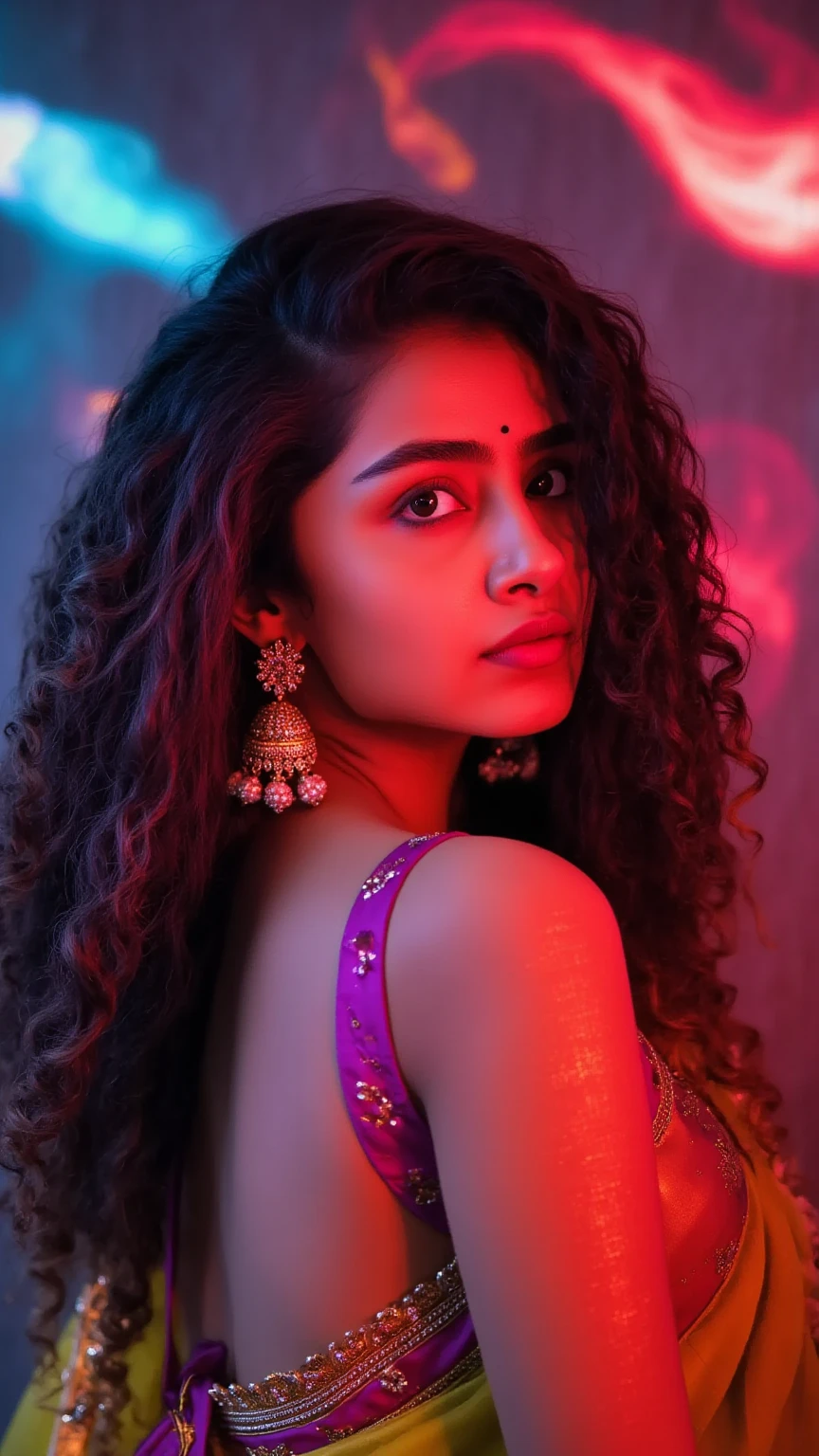 A mesmerizing woman stands amidst a swirling storm of vibrant - SeaArt AI