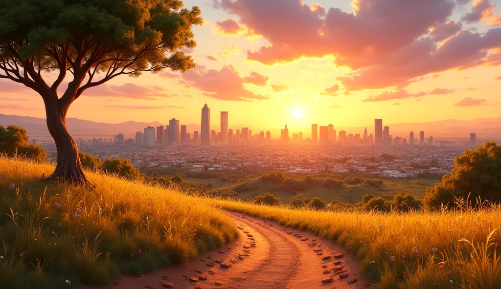 "A panoramic view of the city from a distant hillside, bathed in the ...