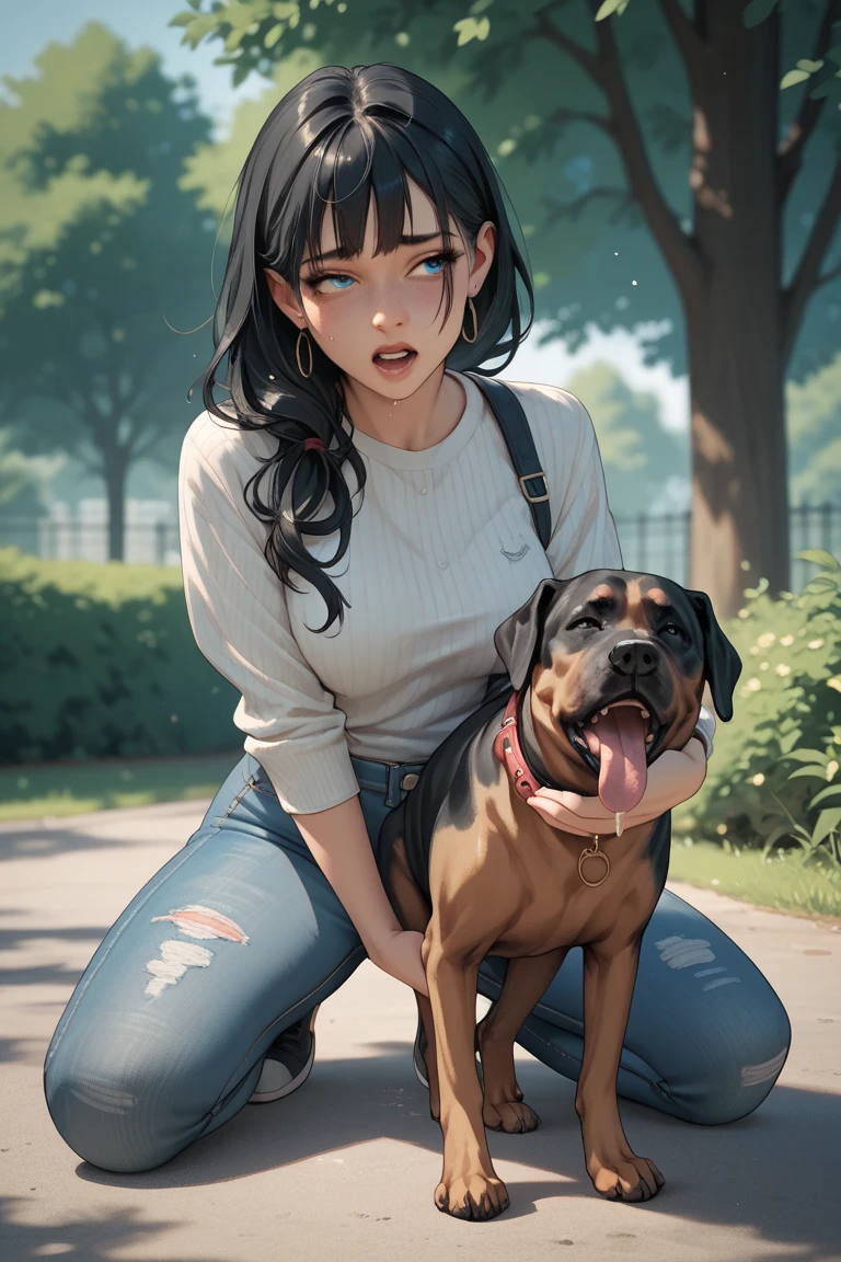 Wife with jeans pants and black hair and blue eyes get bestiality sex with dog i - SeaArt AI