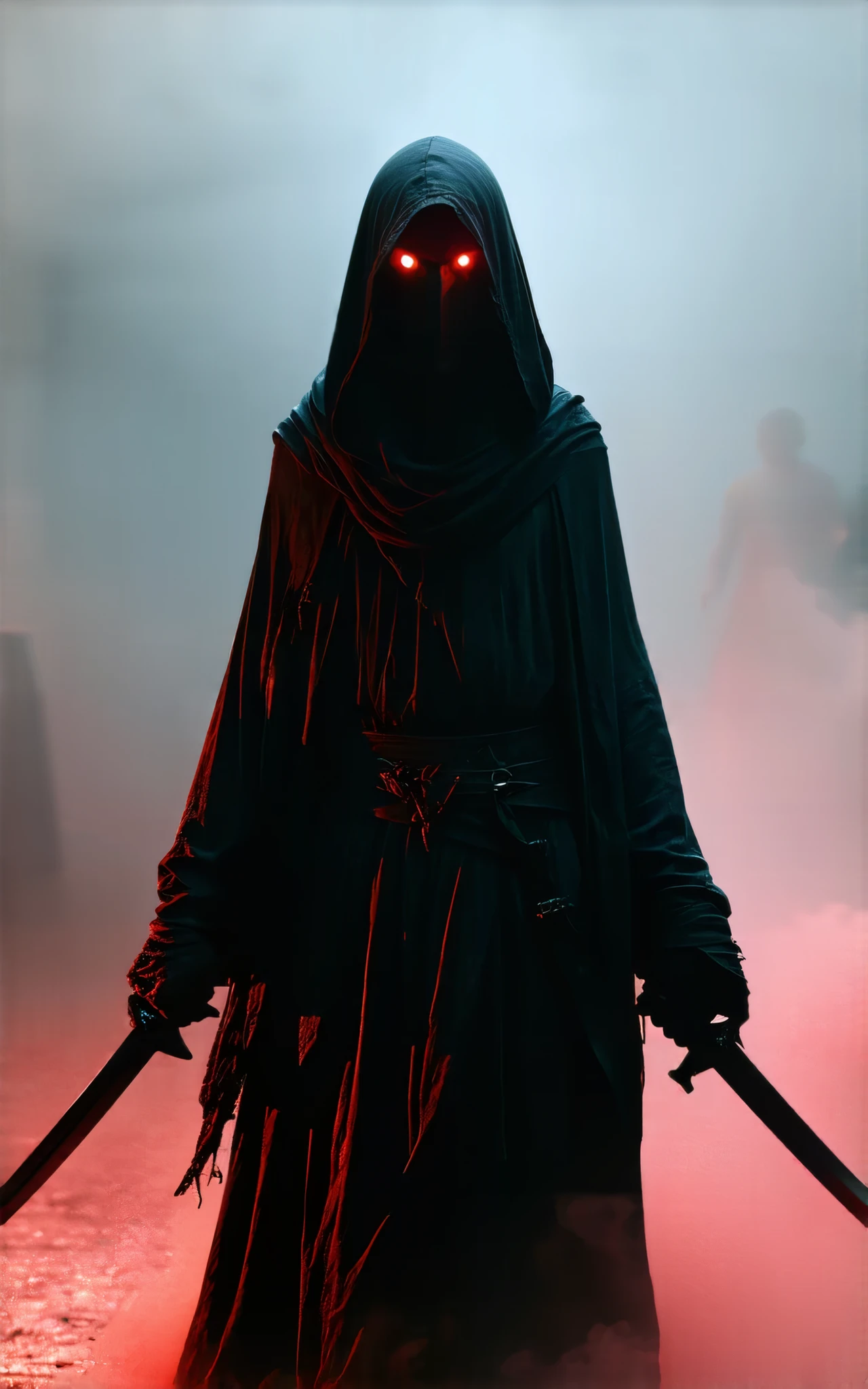Arafed man in a hooded robe holding two swords in a foggy area - SeaArt AI