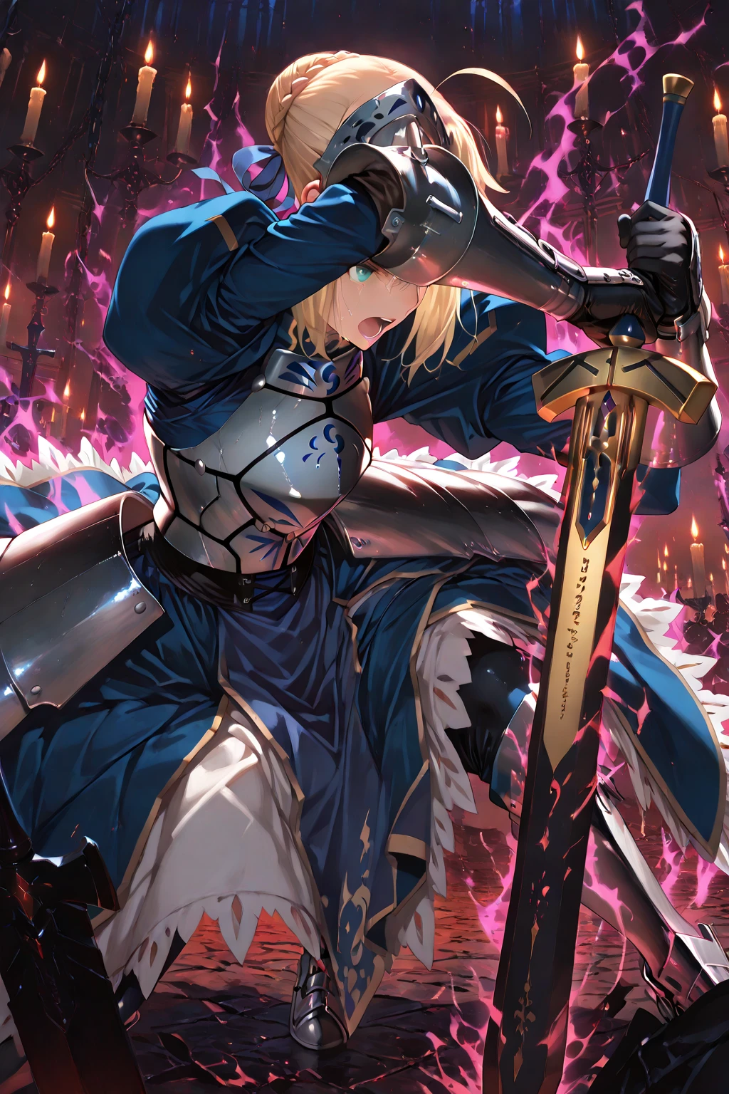 (solo, saber, fate: blonde hair, green eyes), (low bun hair - SeaArt AI
