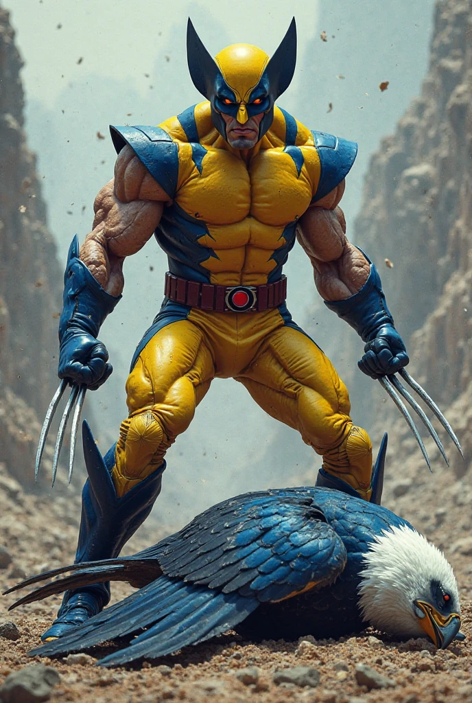 Wolverine in his yellow uniform, A dead blue eagle on the ground ...