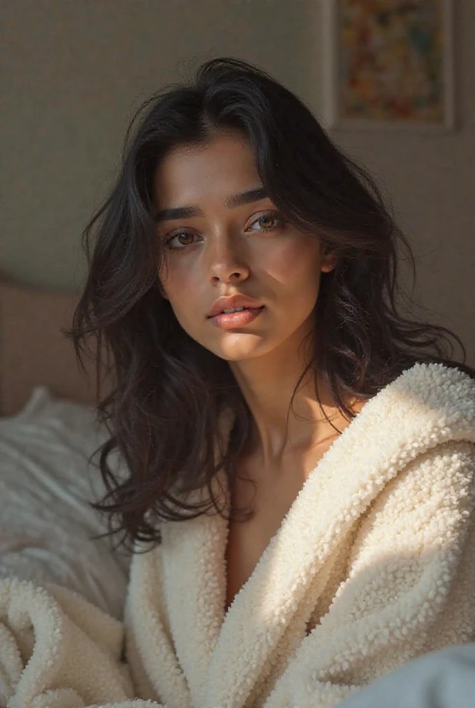 A 25 year old fair Indian Girl in a Bathrobe - SeaArt AI