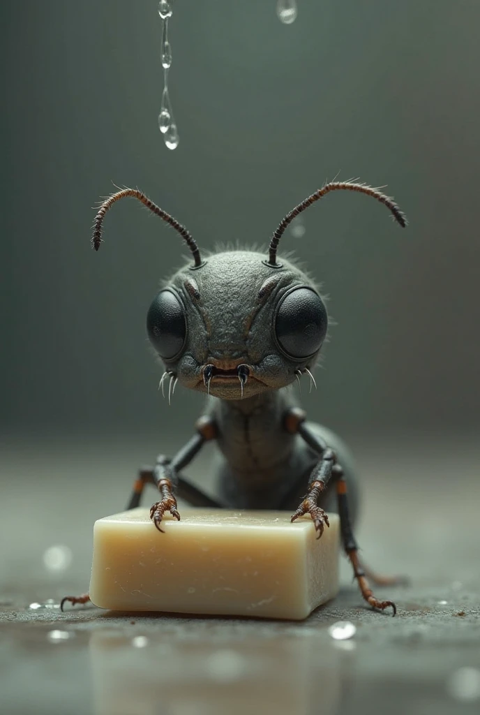 An ant holding soap and crying - SeaArt AI