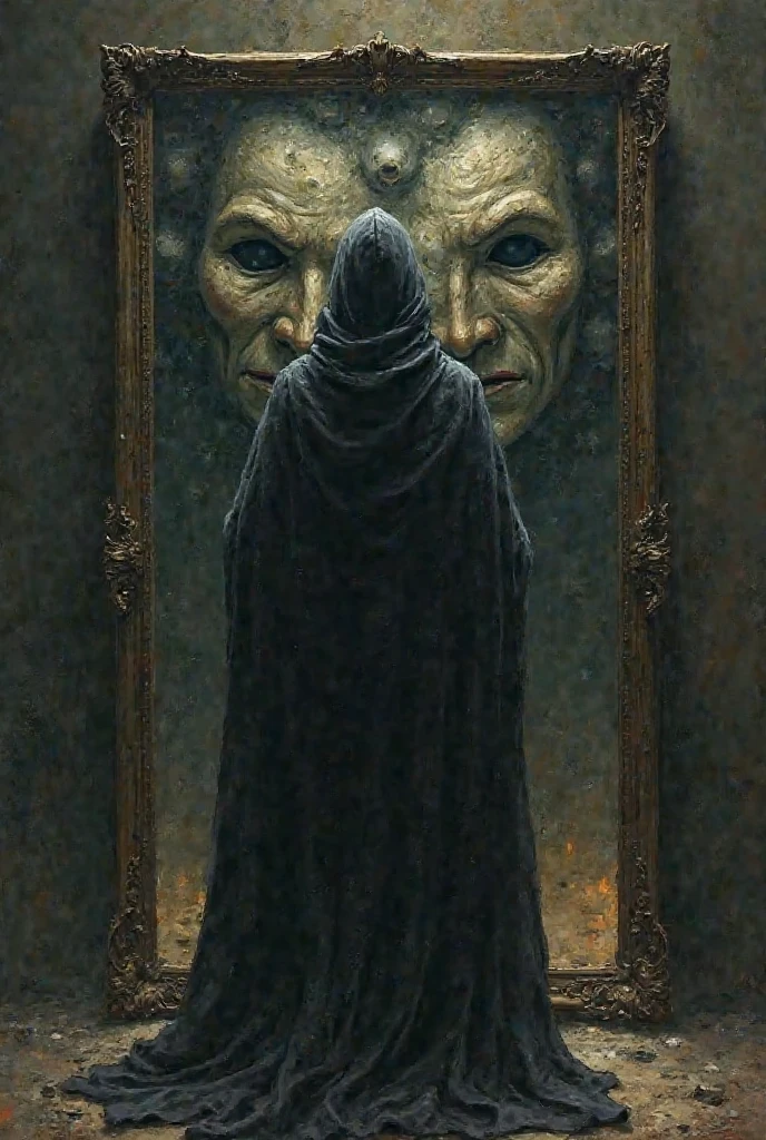 The image of a mysterious figure looking in the mirror and seeing a ...