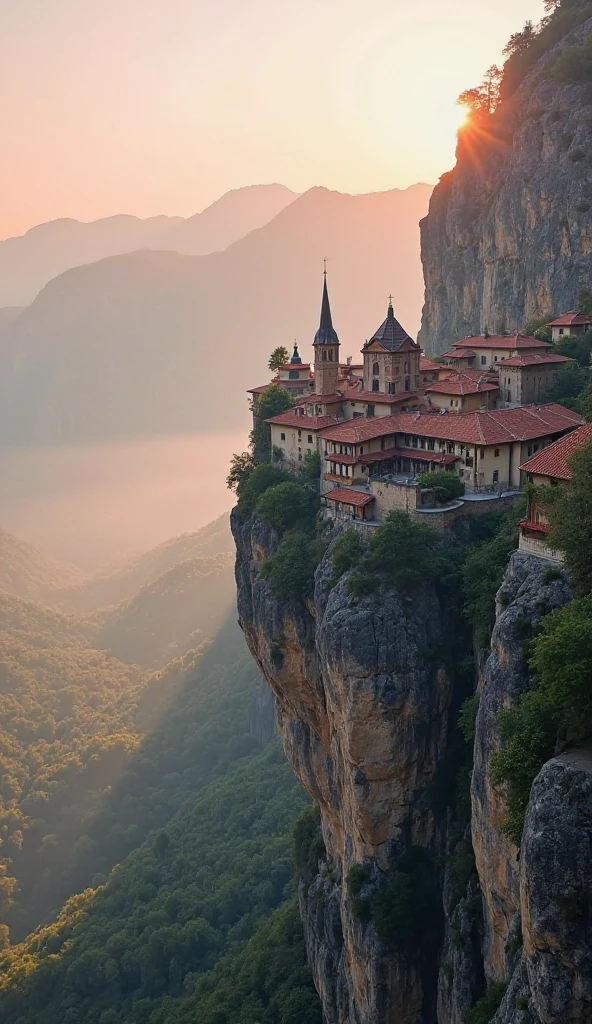 Create an image of the majestic Meteora Monastery, located on top of a ...