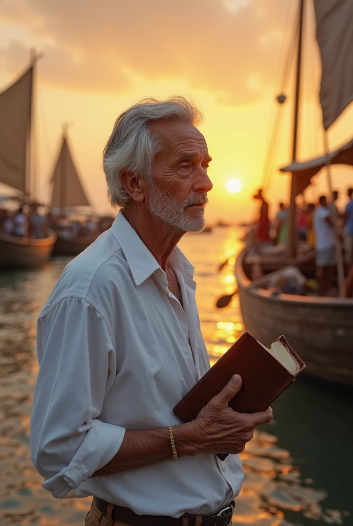 A bustling African port at sunset, where wooden boats sway against the ...