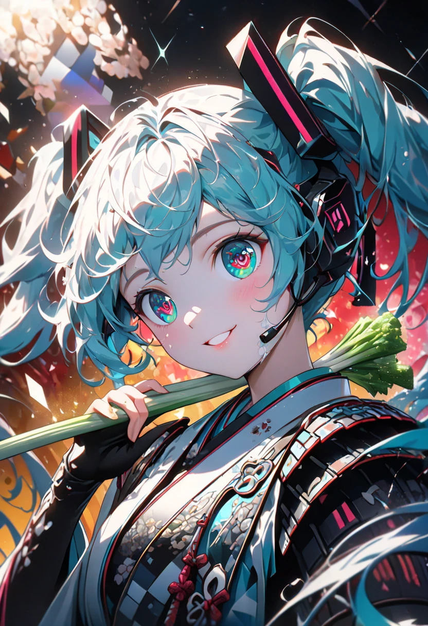 ((Hatsune Miku, samurai, Japanese armor, cute, smiling, holding green ...