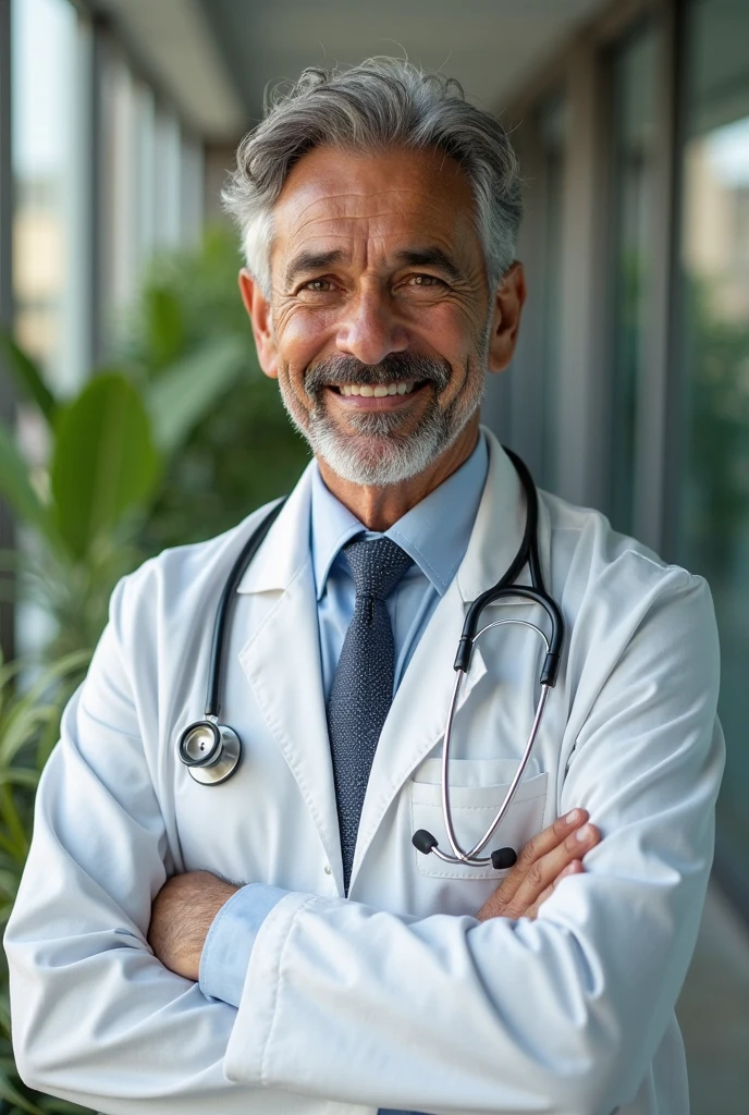A hyper-realistic portrait of a 70-year-old Brazilian male doctor ...