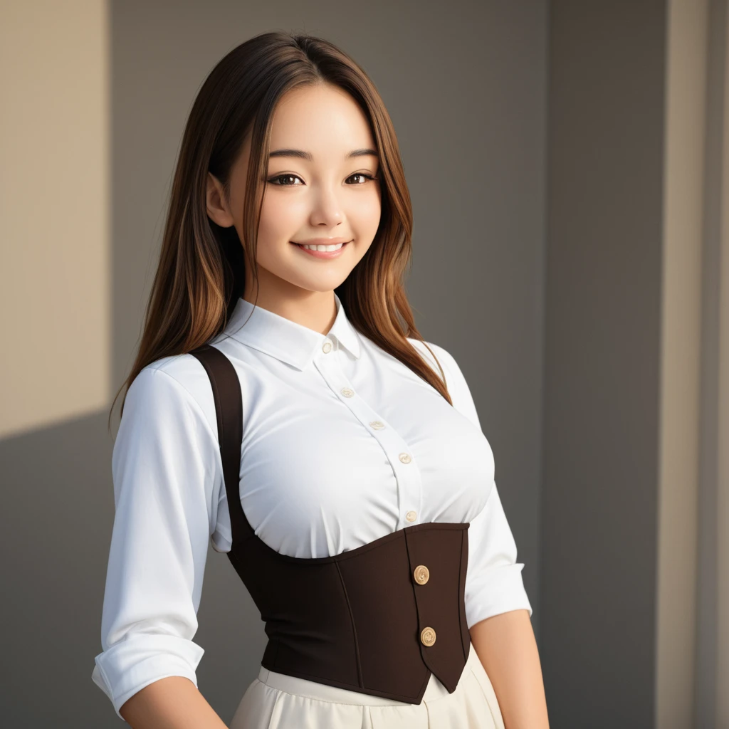 A highly detailed, photorealistic portrait of a smiling young Japanese ...