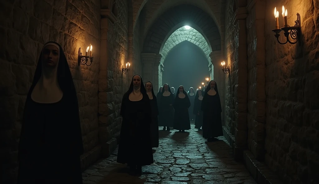 A dimly lit, ancient stone convent corridor at night. Flickering ...